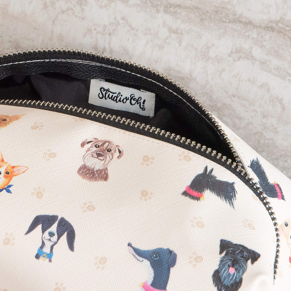 Cosmetic Bag for Makeup & Toiletries by Studio Oh! - Doggone Cute - Fully Lined, Spacious Size: 10" W x 4.25" H x 4.75" D Loaf Pouch with Full Zip Closure