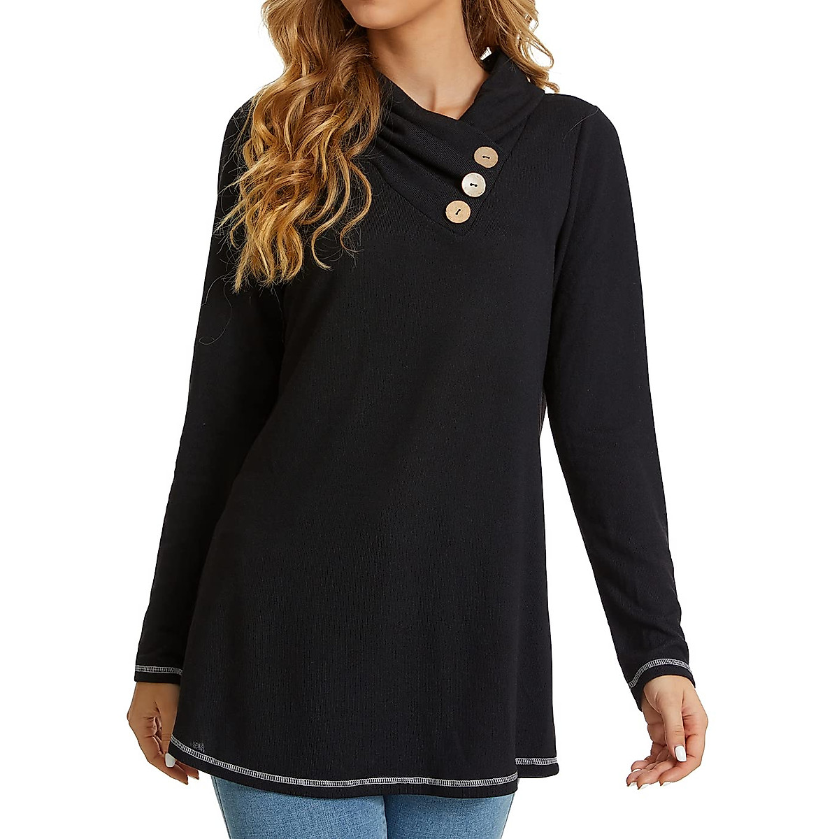 WEIYAN Women's Cowl Neck Tunic Long Sleeve Pullover Shirt Casual Sweatshirt Loose Tops with Buttons(Black,X-Large)