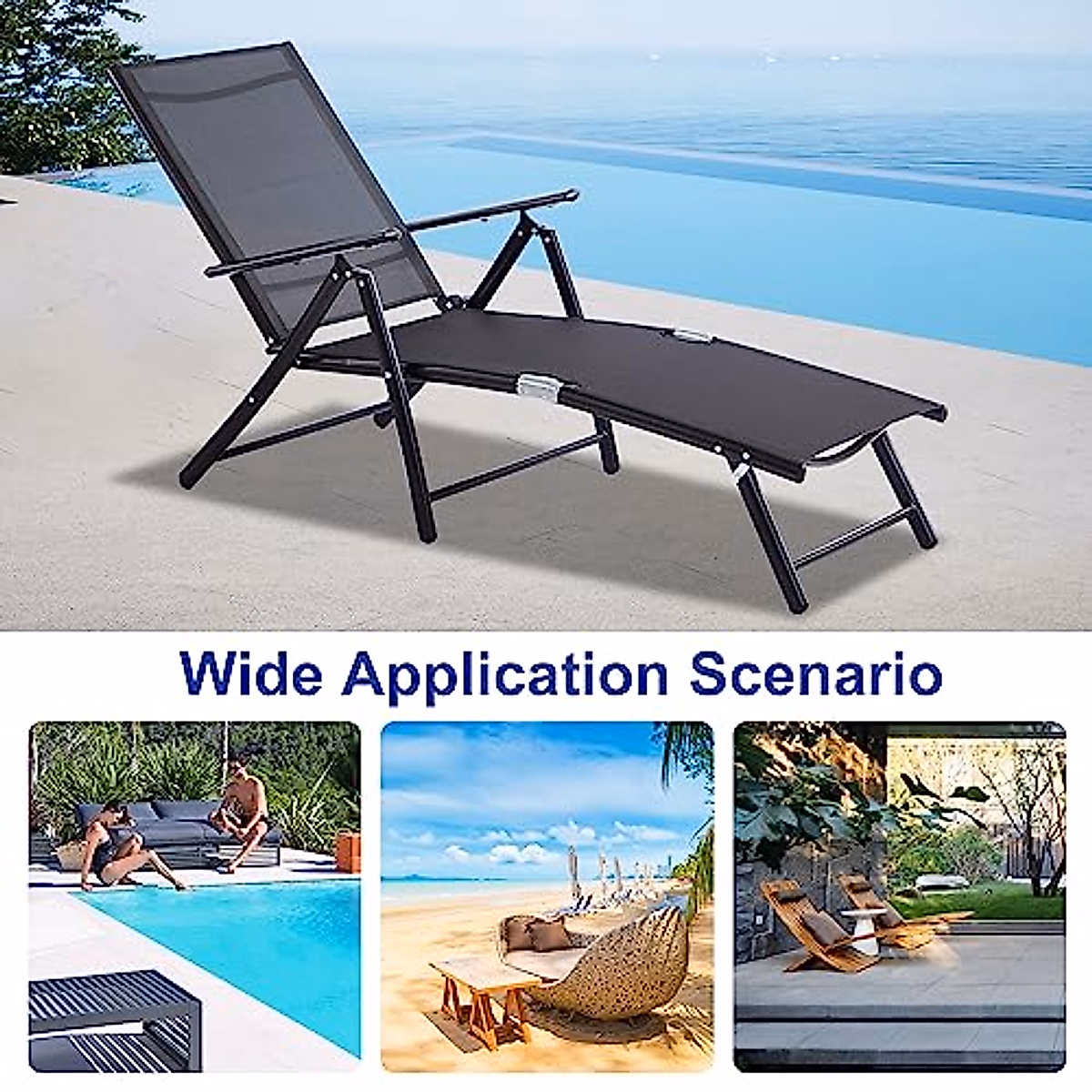 Haquatisol Outdoor Chaise Lounge Chair Set of 2，Reclining Folding Pool Patio Lounger with 8 Level Adjustable Backrest, Aluminum Portable Recliner for Lawn Garden Beach Yard, 330lbs Weight Capacity