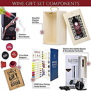 Wine Gifts Set – Luxurious Wine Accessories Set with Wooden Box- Wine Set includes Rechargeable Wine Opener, Aerator, Wine Stoppers & Pairing Guide- The Best Wine Basket Gift - Wine Gifts for Women