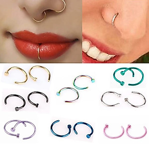 Musihy 6 PCS Nose Ring Fake Nose Ring, Colorful Stainless Steel Nose Studs for Women C Hoop 1.2MM Jewelry Piercing