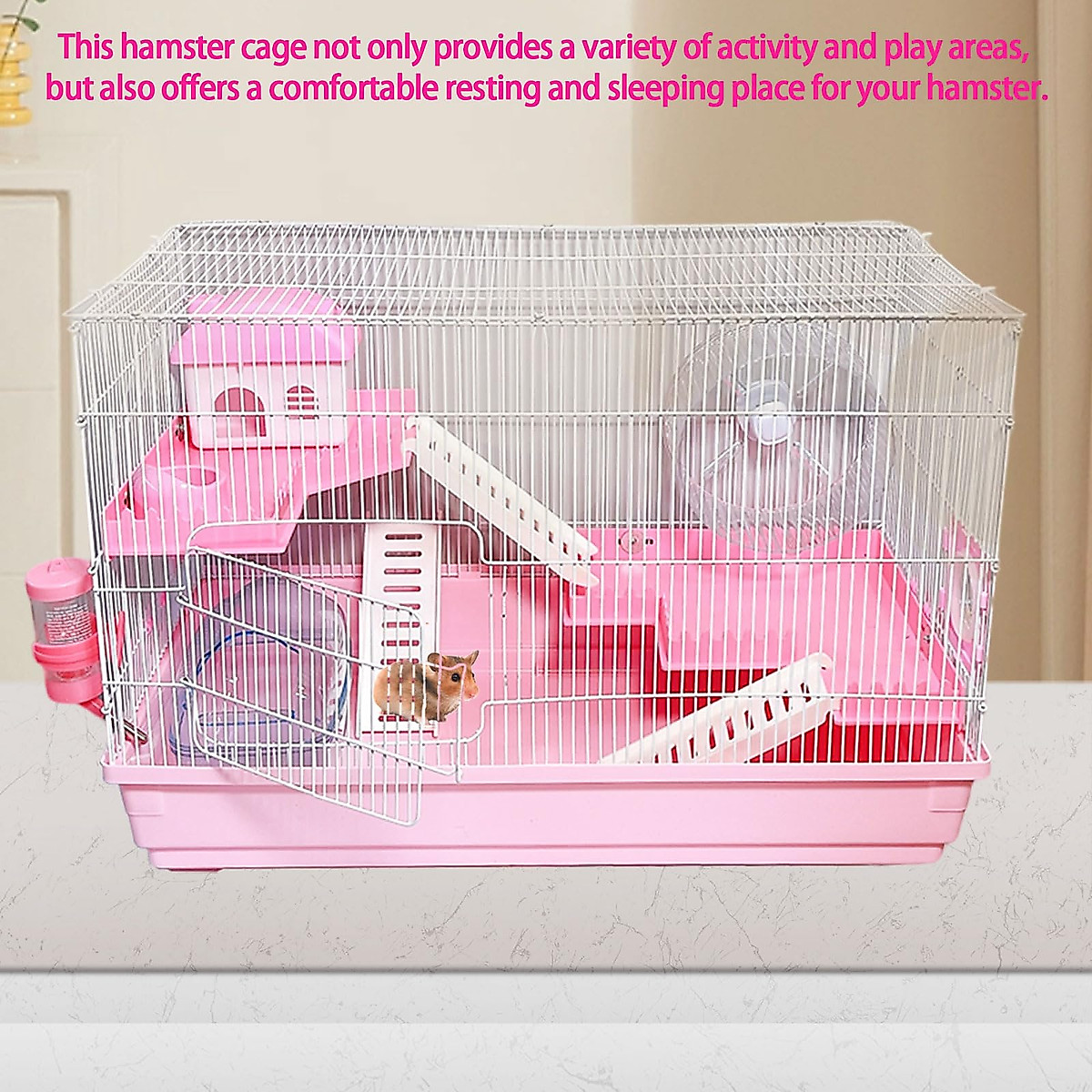 kathson Hamster Cages and Habitats Large Gerbil Cage with Accessories Hut Exercise Wheel Water Bottle Bowl Bathtub Small Animal Basic Cage for Syrian Hamster，3- Levels，22" L x 12.5" W x 14" H，Pink