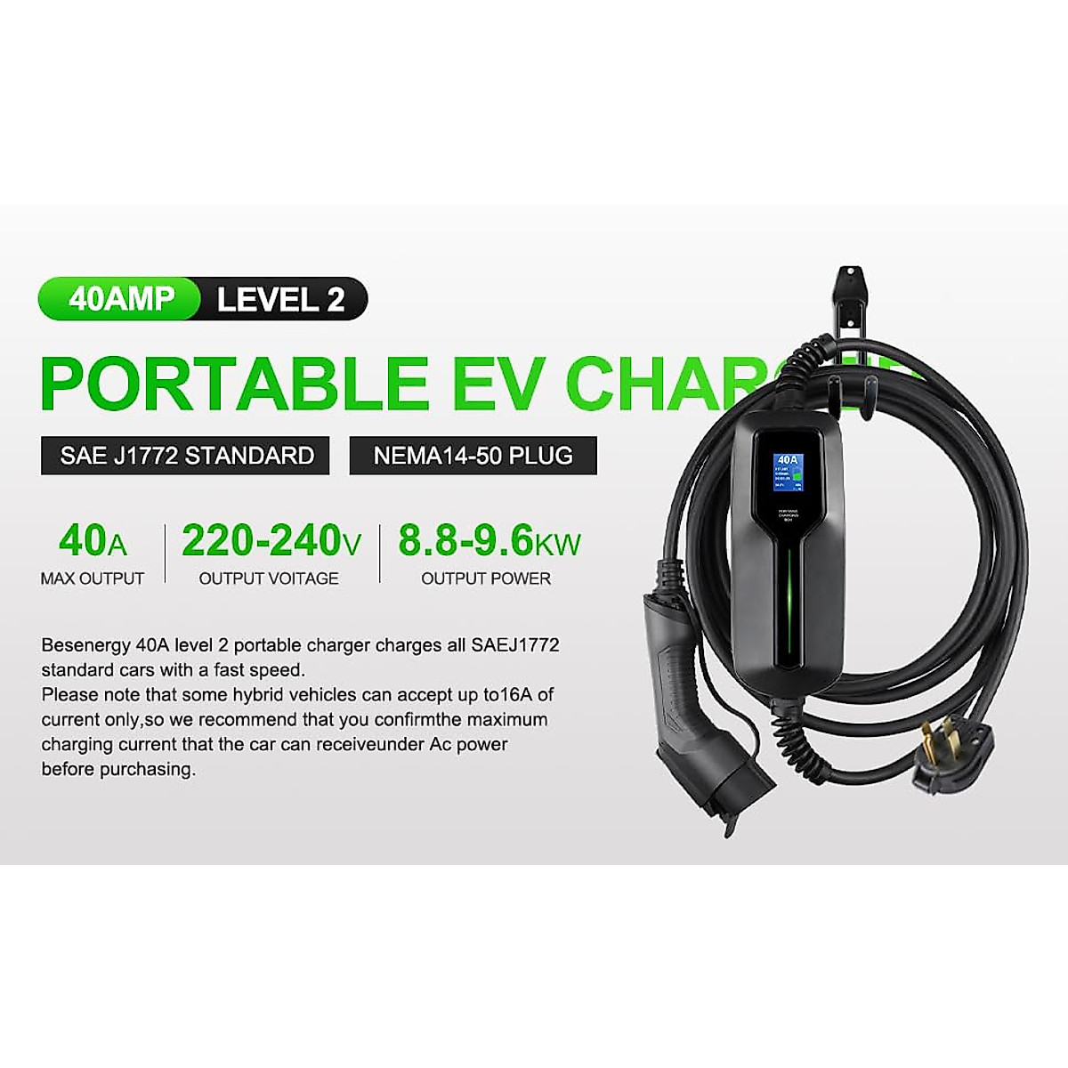 BESENERGY 40 Amp EV Charger Level 2 NEMA 14-50 220V-240V Upgraded J1772 Portable EV Charging Cable, 20 ft Electric Vehicle Charger Compatible with All EV Car