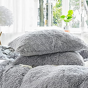LUOYUAN Plush Shaggy Duvet Cover Set 3 Pieces Aesthetic Fluffy Comforter Cover Set Ultra Soft Crystal Velvet（1 Faux Fur Comforter Cover + 2 Faux Fur Pillowcases）,Zipper Closure(Queen，Light Grey)