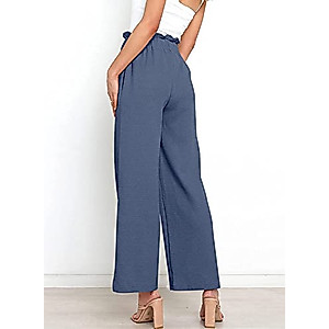 EVALESS Wide Leg Pants for Women Casual Loose Elastic High Waisted Waffle Knit Work Lounge Palazzo Dress Pants Trousers with Pockets Blue X-Large