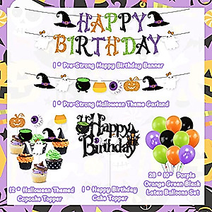Halloween Birthday Party Decorations, Halloween Happy Birthday Banner Garland Halloween Cake Topper Latex Balloons Set for Halloween Birthday Party Supplies Baby Shower Halloween Bar Home Decor