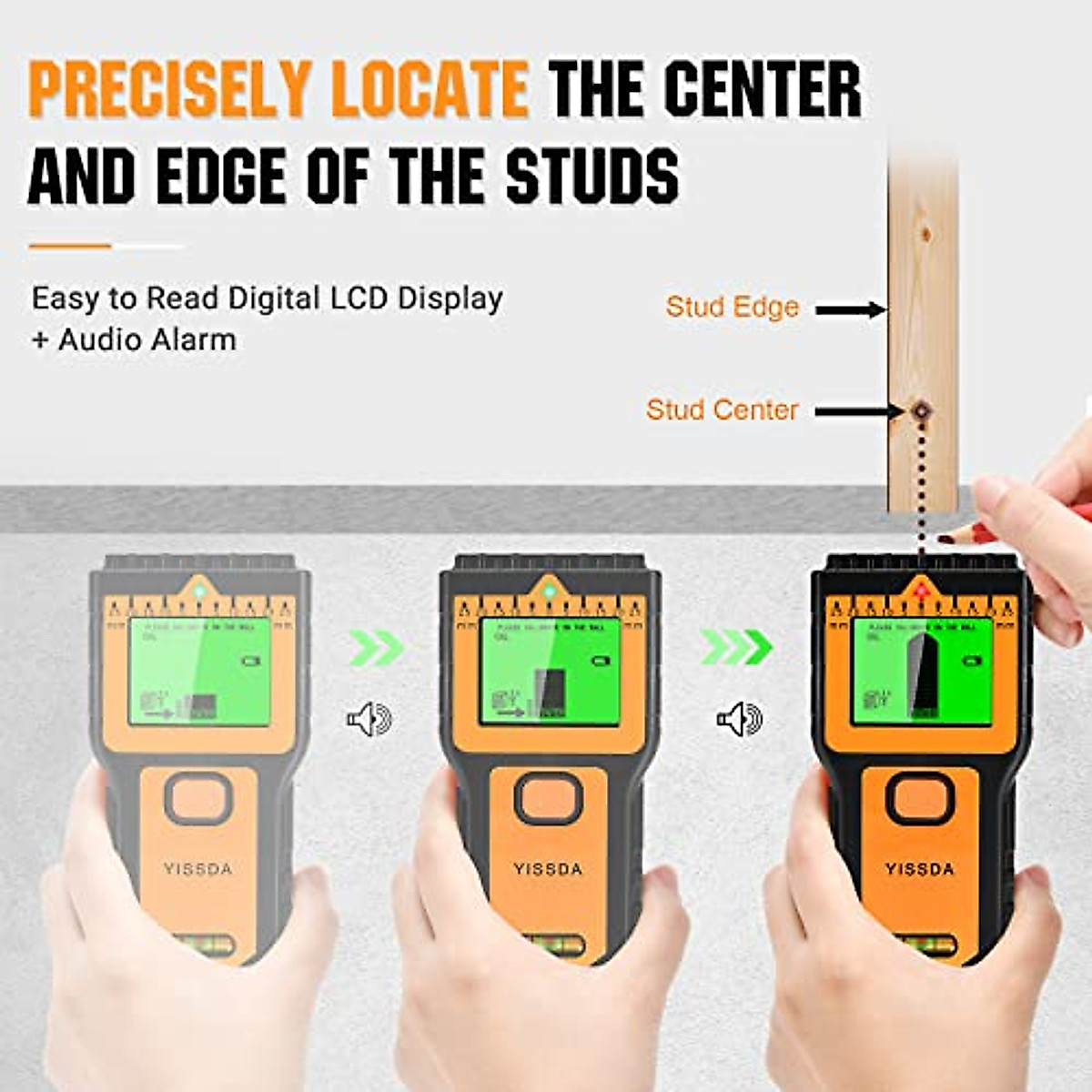 YISSDA Stud Finder Wall Scanner, Upgraded 8 in 1 Magnetic Stud Sensor Wall Detector, with Bubble Level, Nail Beam Finders Center and Edge for Wood AC Wire Metal Studs Joist Pipe, with HD LCD Screen