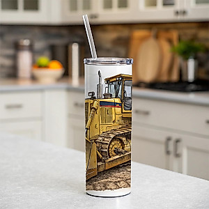 Yellow Bulldozer Construction Equipment Skinny Tumbler 20oz with Straw Insulated Water Bottle Gift