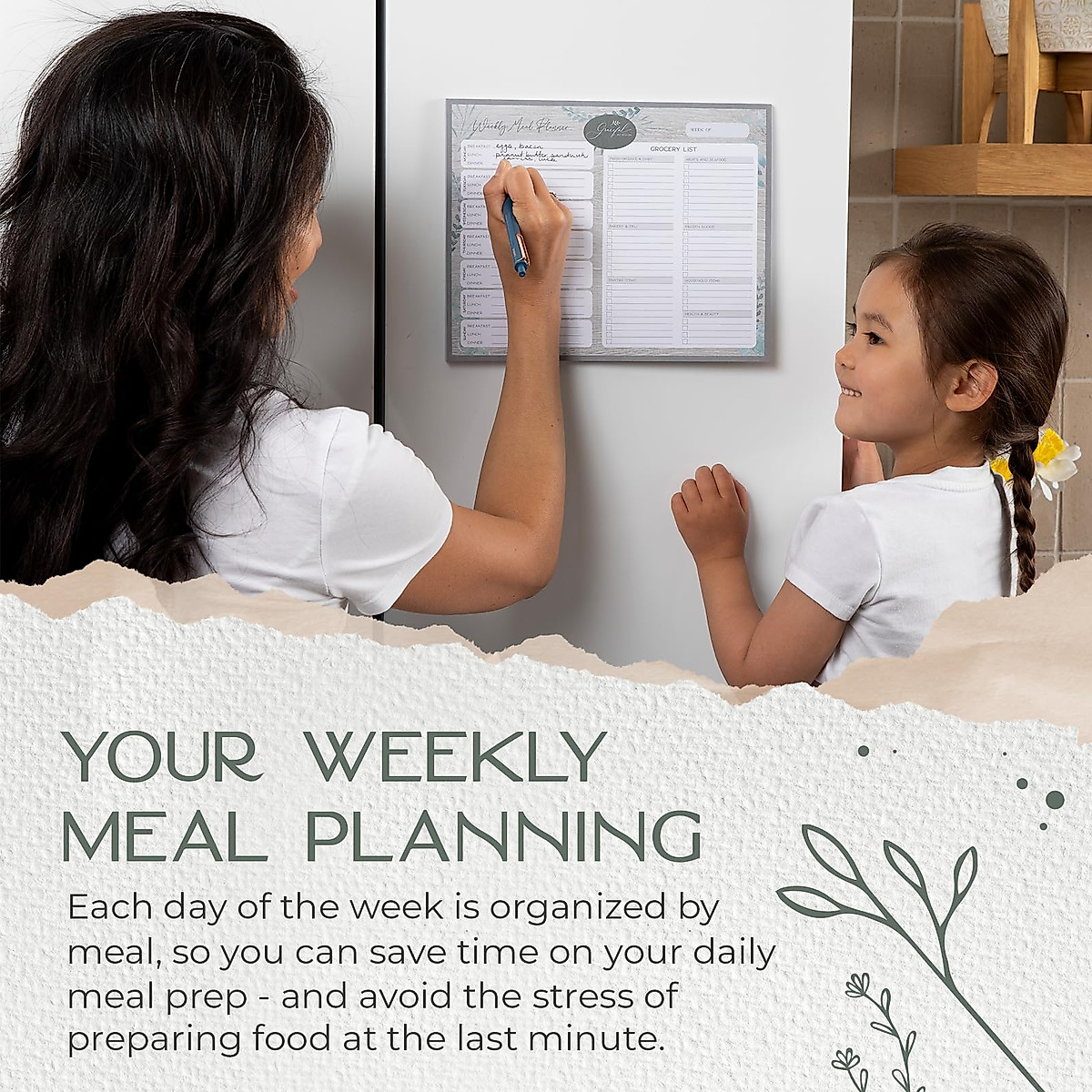 Graceful By Design Weekly Meal Planner and Grocery List Magnet Pad For Fridge or Wall - Weekly Menu Board For Kitchen and Meal Planner Magnetic with Tear-Off Grocery List Notepad - 8.5" x 11"