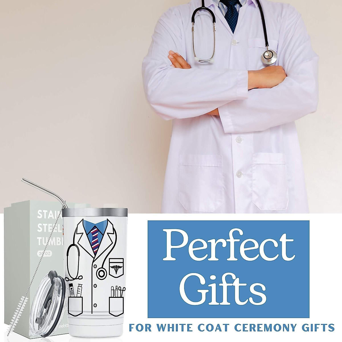 Onebttl White Coat Ceremony Gifts for Doctors - 20 oz/590 ml Stainless Steel Insulated Tumbler with Straw, Lid - Medical School Graduation Gifts for New Doctor, Med Students - (White)