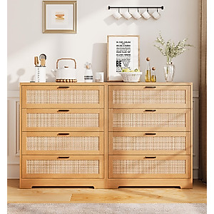 GarveeHome 4 Drawer Dresser Rattan Dresser, Tall Chest of Drawers, Wood Dresser for Bedroom, Closet, Living Room, Hallway