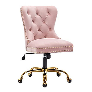 QUINJAY Velvet Home Office, Upholstered Adjustable Swivel desk chair with Gold Base, Tufted Study with Comfy High Back for Teens Study Makeup Pink