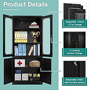 INTERGREAT Locking Metal Cabinet with Lock, Tall Office Storage Cabinet with Glass Door, Lockable Black Steel Cabinet with 3 Adjustable Shelves for Home, Clinic, Pantry, Basement, (72”x 36” x18”)