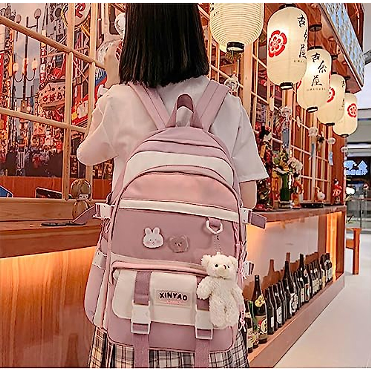 Phaoullzon Kawaii Backpack for School Aesthetic Bookbag Cute Anime Backpacks for Girls with Pins and Pendant, Pink
