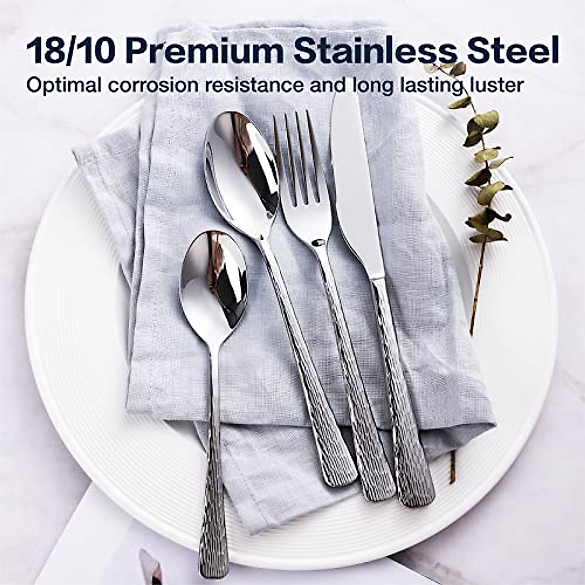 KINGSTONE Hammered Silverware Set, 40-Piece Flatware Set for 8, 18/10 Stainless Steel Premium Cutlery with Unique Ripple Handles Design Mirror Polished - Dishwasher Safe