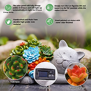 Qeeman Garden Outdoor Decor Cat Statue - Cat Resin with Solar Light Garden Statues Outsides Decorations for Cat Lovers Gardeners Family with Pets,Ornament Gift for Birthday/Mother’s Day