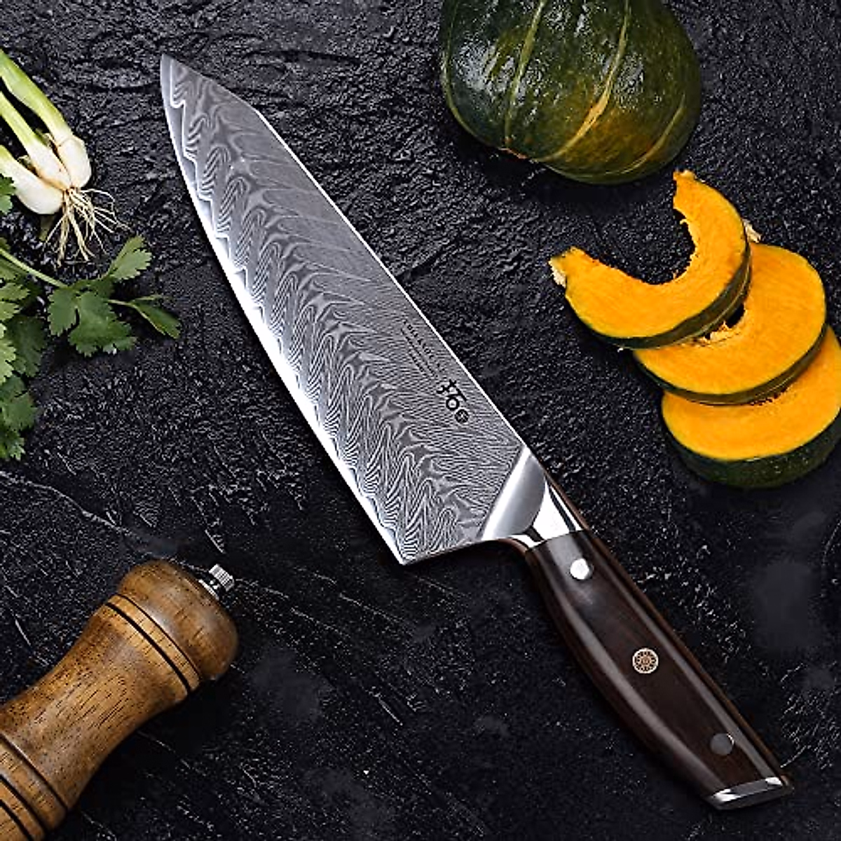 Chef Knife 8 Inch - Classic Damascus Pattern Professional Chef's Knives Japanese VG-10 Steel Ebony Wood Handle