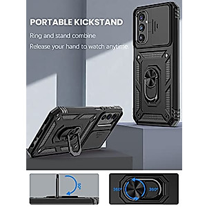 Dretal for Samsung A24 4G Case, Galaxy A24 5G Case with Slide Camera Cover + [2PCS] Tempered Glass Screen Protector, Military Grade Shockproof Protective Cover Built Finger Ring Kickstand (Black)