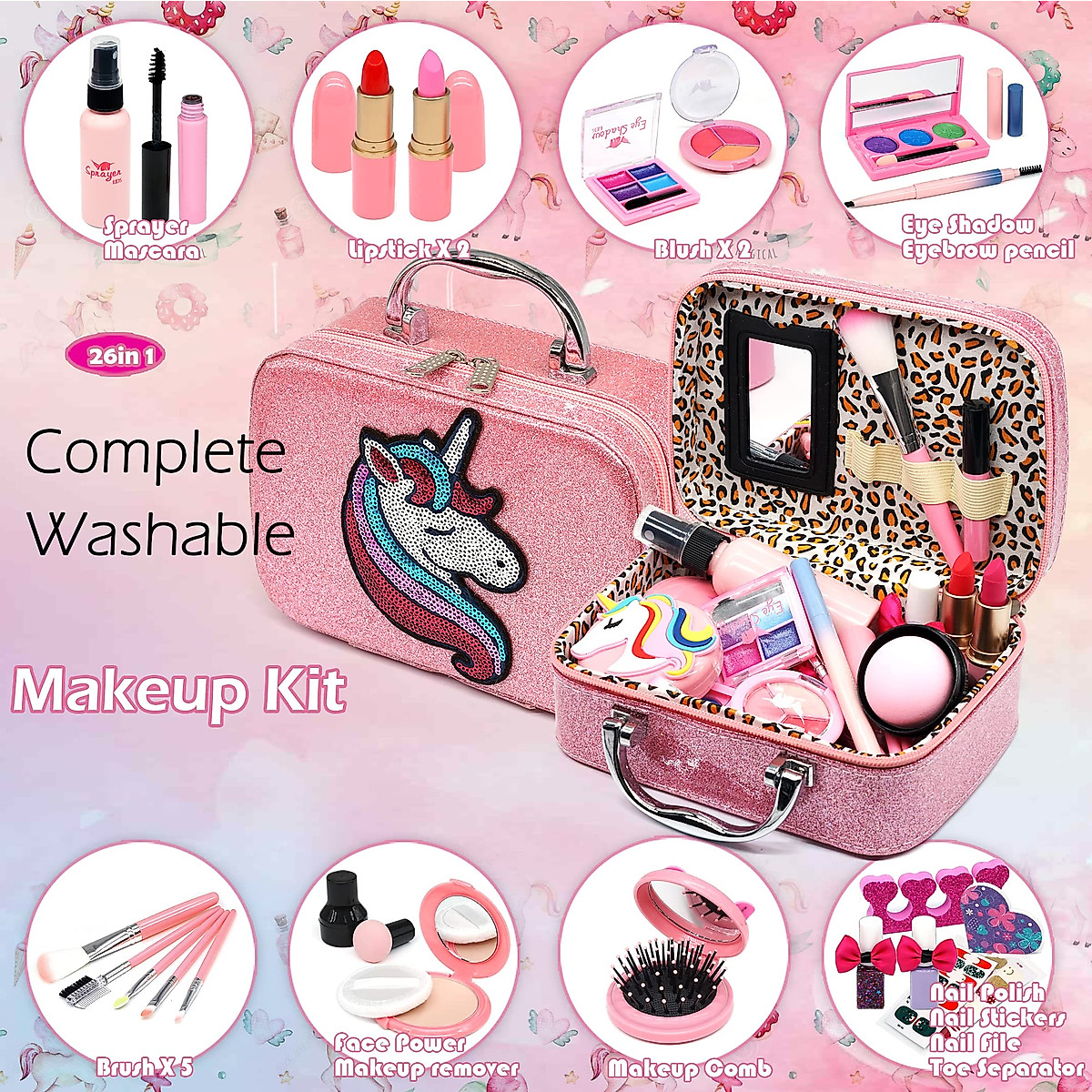 Kids Washable Makeup kit for Girl - Kids Makeup Kit Toys for Girls Little Girls Makeup Kit, Toddler & Non-Toxic Make Up Set, Real Makeup Child Princess,Age 3-12 Year Old Birthday Gift