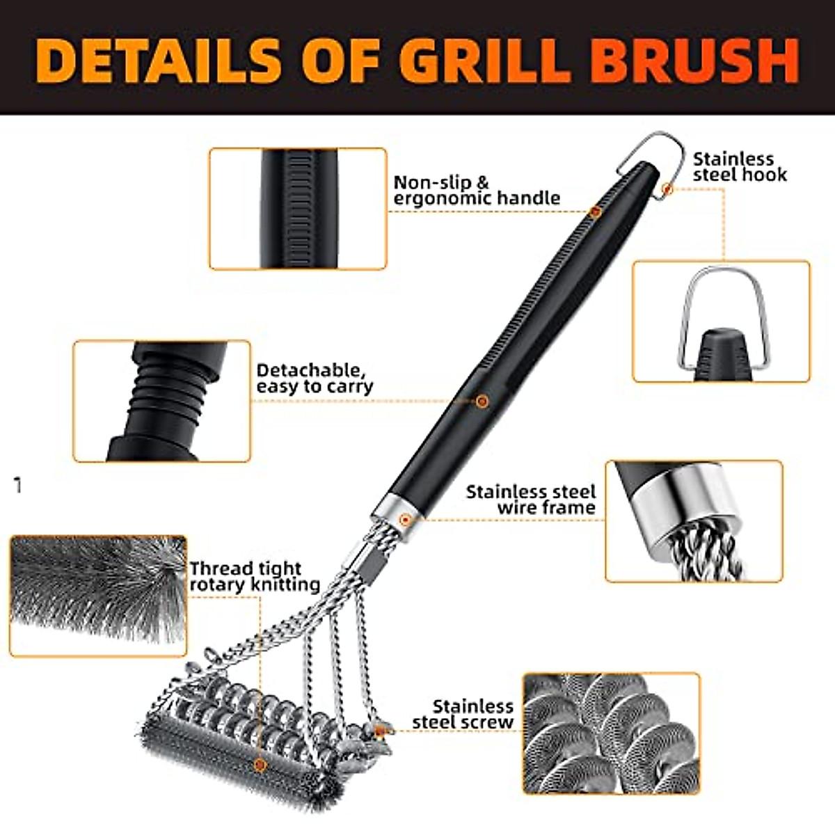 Grill Brush for Outdoor Grill, Bristle Free & Wire Combined BBQ Brush for Grill Cleaning Including Grill Scraper, Safe 17" Stainless Steel BBQ Accessories Grill Cleaner Brush, Awesome Gifts for Men