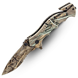 Pro Iron Assisted Opening Serrated Edge Outdoor Survival Camping Hunting Knife Stainless Steel Protective Black Oxide Coating Built-in Seat Belt Cutter and Carry Pocket Clip (Nature Camo)