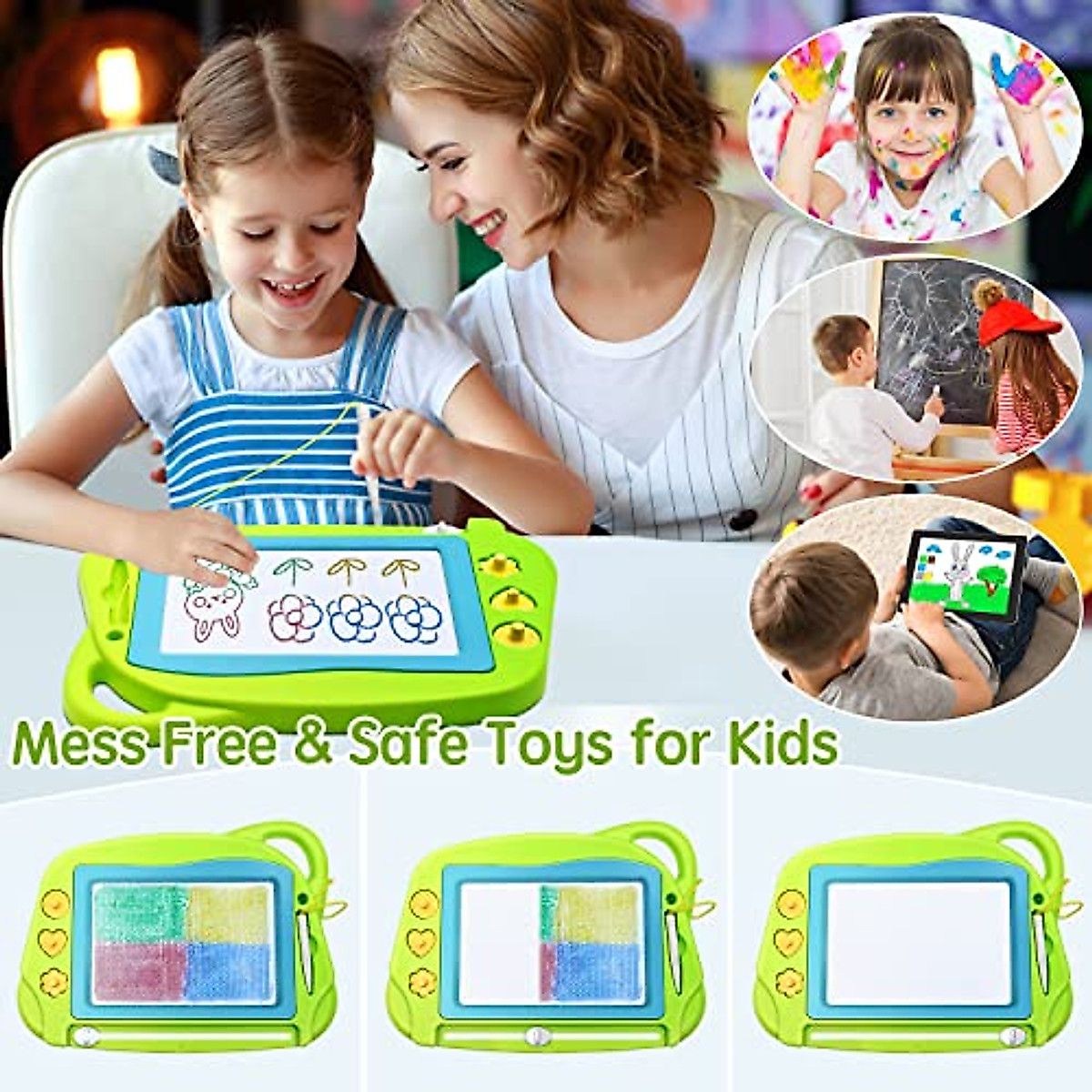 AiTuiTui Magnetic Drawing Board Mini Travel Doodle, Erasable Writing Sketch Colorful Pad Area Educational Learning Toy for Kid/Toddlers/Babies with 3 Stamps and 1 Pen (Green)