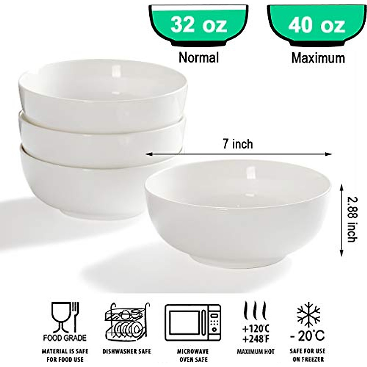 40 Ounces Soup Bowls, Salad Bowls, Cereal Bowls, Pasta Bowls, Pho Bowls, Durable Porcelain Off White Bowls Set of 4, 7 Inch