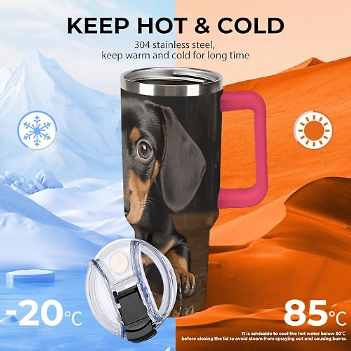 LLUTSNTH 40 Oz Vacuum Tumbler with Light Rose Red Handle Leakproof Insulated Tumbler Cute Dachshund Stainless Steel Travel Mug with Lid And Straw Coffee Cup Cute Water Bottles Cup Holder Friendly
