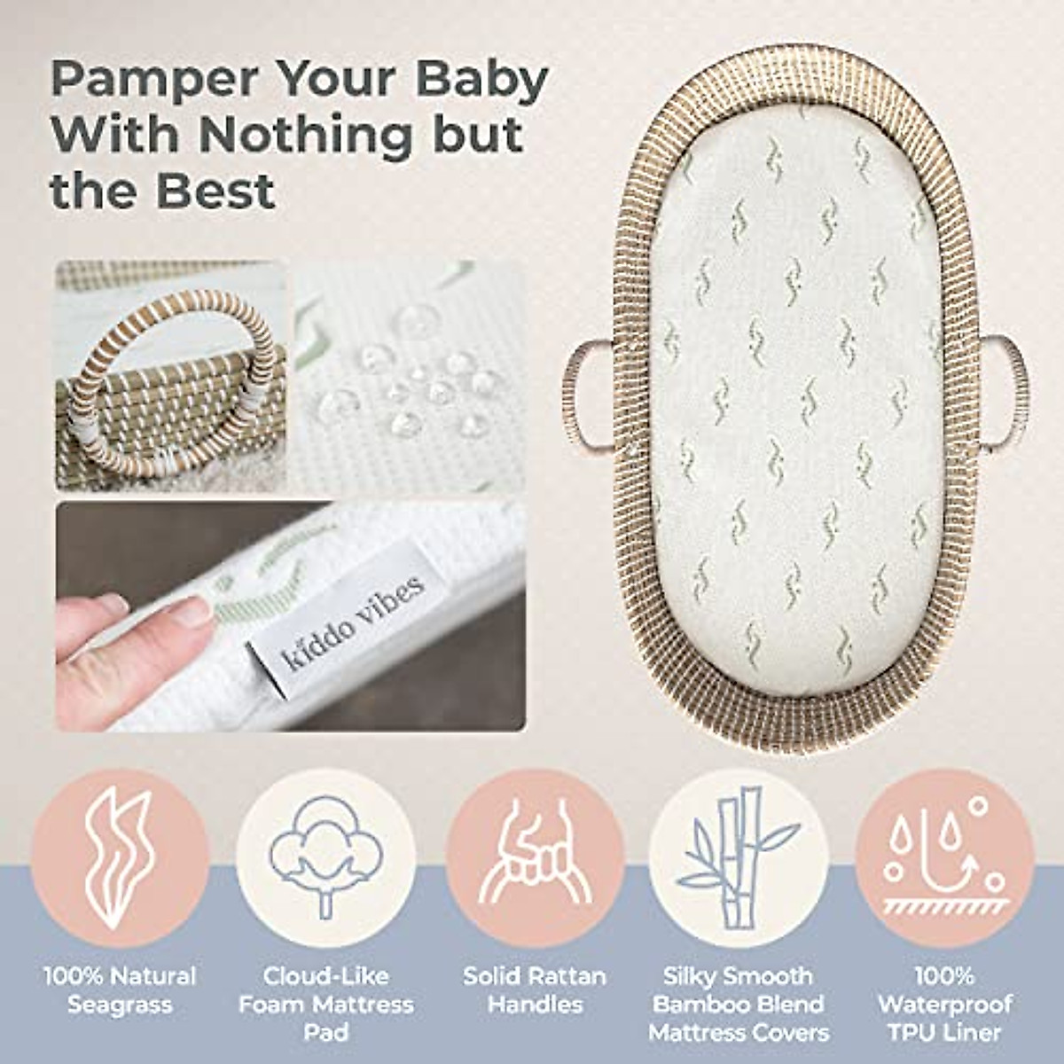 KIDDO VIBES Handwoven Baby Changing Basket with Pad & 3 Waterproof Bamboo Jacquard Covers - Multifunctional CPSC Compliant Organic Seagrass Baby Moses Basket with a Soft Thick Waterproof Changing Pad