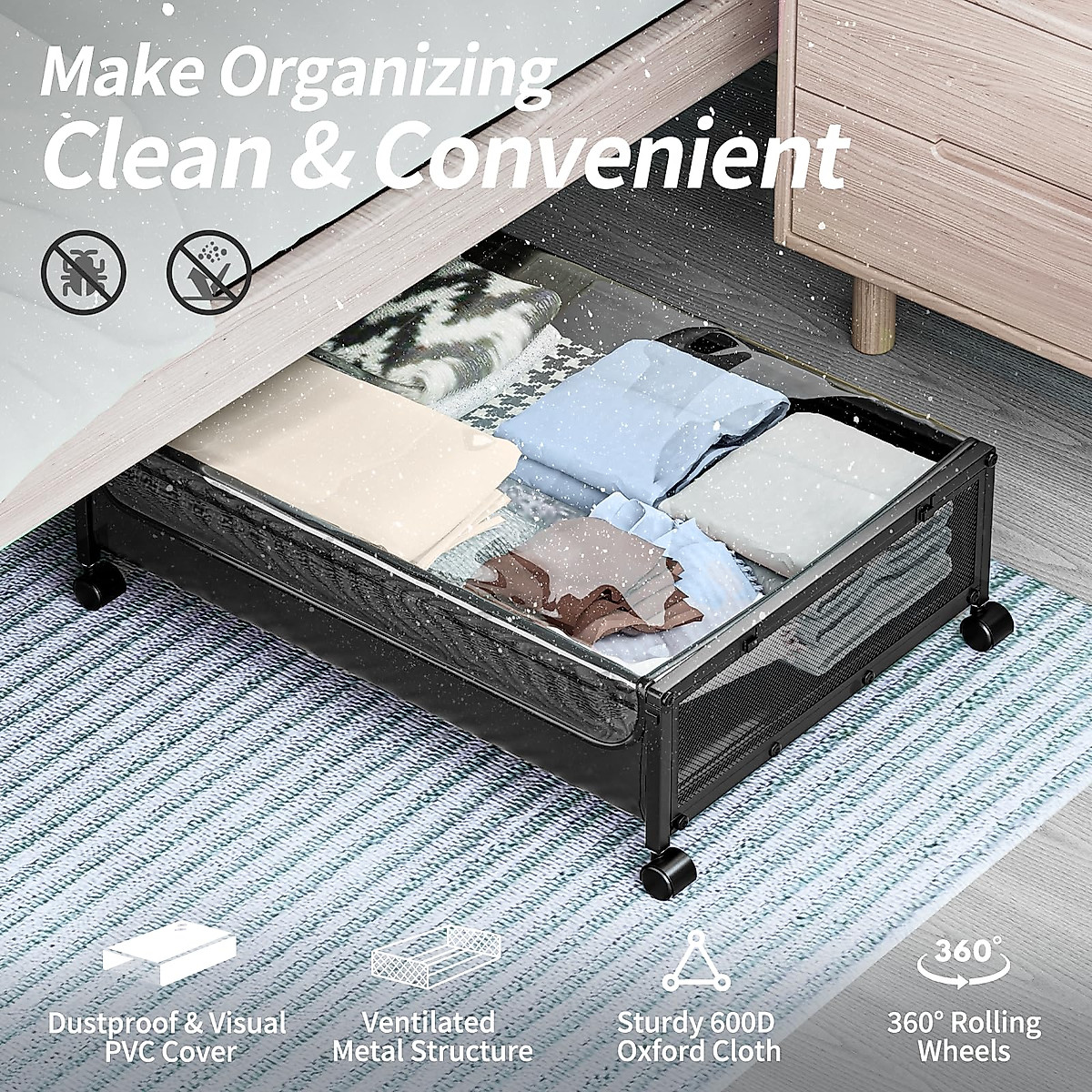 UEAKPIC Under Bed Storage Containers with Wheels, 2 Pack Under Bed Shoe Storage Organizer, Rolling Under Bed Storage Metal Drawer, Under Bed Storage Bins for Clothes, Toys, Blankets, Books