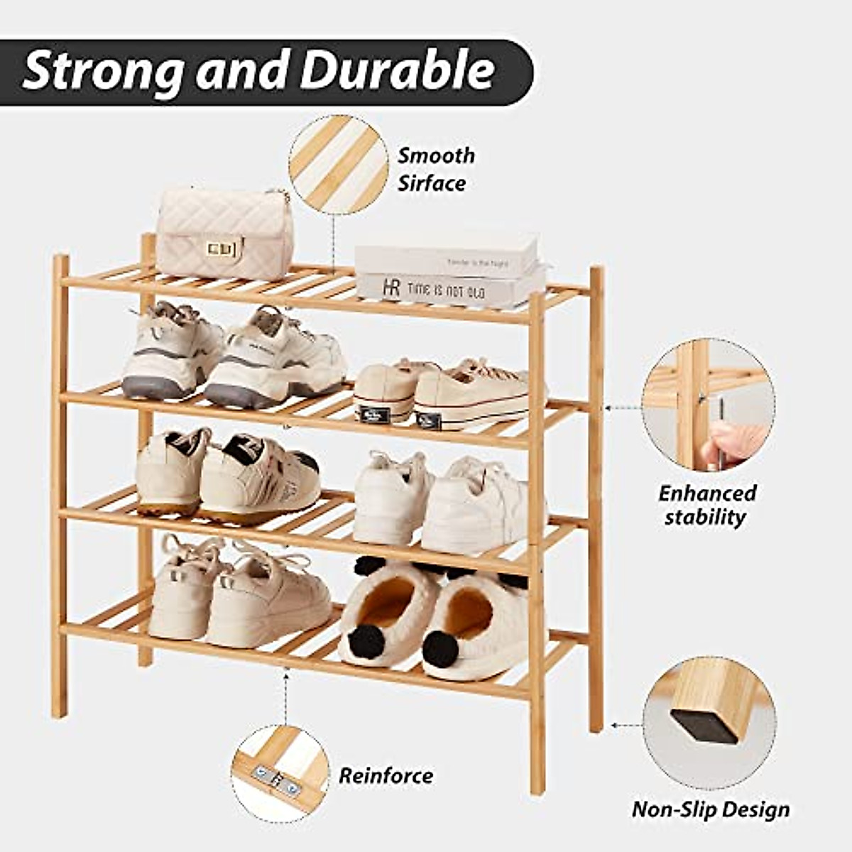 Candockway Bamboo Shoe Rack, 4-Tier Free Standing Shoe Racks, Stackable & Durable Shoe Rack Organizer, Shoe Shelf Holder Shoe Storage for Entryway Hallway Closet, Multifunctional