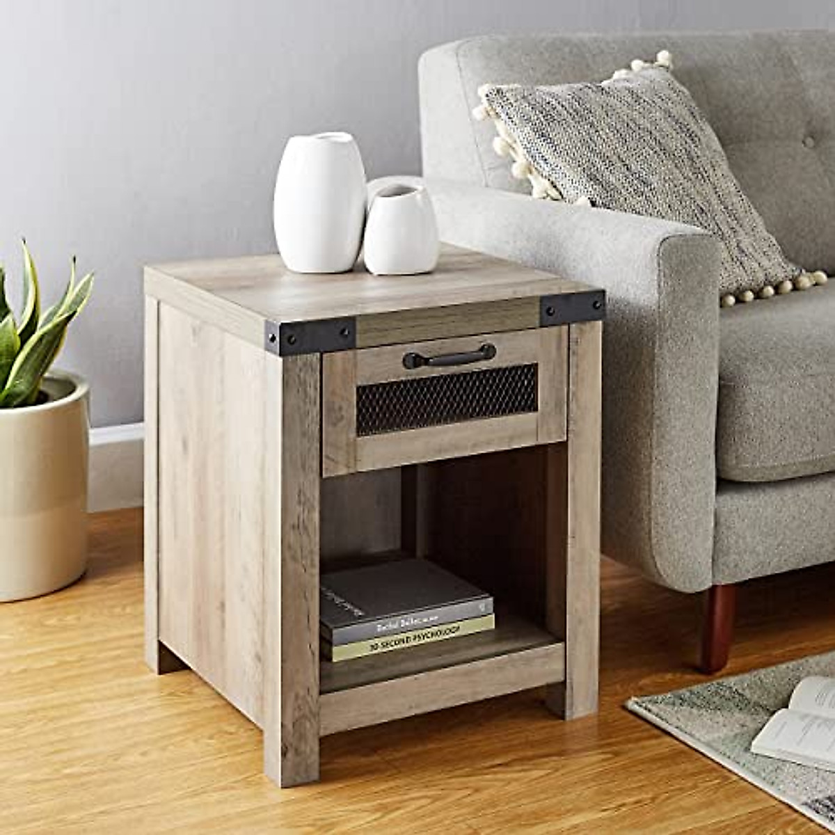 ROCKPOINT End Table with Industrial Style Drawer, Grey Wash