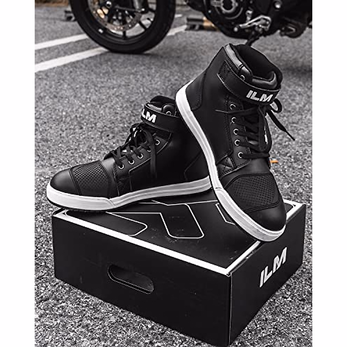 ILM Motorcycle Shoes for Men Black Waterproof Street Riding Protective Gear Breathable Powersport Anti-Slip Footwear with Ankle Support, Shift pad (Black,10.5)