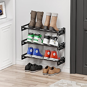 DEYILIAN Shoe Rack for Closet, 3 Tier Narrow Shoe Rack with Hook and Loop Sticky Adhesive Strips Shoe Shelf for Wall Mounted Shoe Rack, Slim Shoe Rack Space Saving Design Wall Shoe Organizer for RV