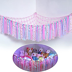 FIOBEE Stuffed Animals Net or Hammock with LED Light, Toy Hammock Hanging Stuffed Animals Storage Organizer Holder Room Décor with Tassels for Nursery Play Room Kids Bedroom