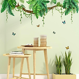 NXUEBDU Jungle Wall Decals Tropical Wall Decor Stickers Hanging Vines Palm Leaves Wall Murals Peel and Stick Green Plant with Butterfly Wall Stickers for Bedroom Living Room Wall Decor