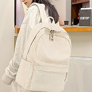 School Backpack for Teen Girls Bookbags Elementary High School Corduroy Laptop Bags Women Travel Daypacks (Beige)