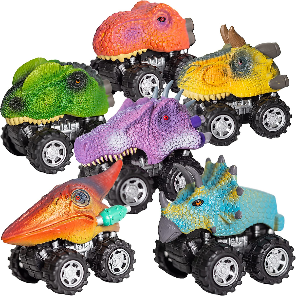 TOYLI 6 Pack Pull Back Dino Cars - Dinosaur Car Toys for Kids, Dinosaur Car, Pull Back Dinosaur Cars 6 Pack