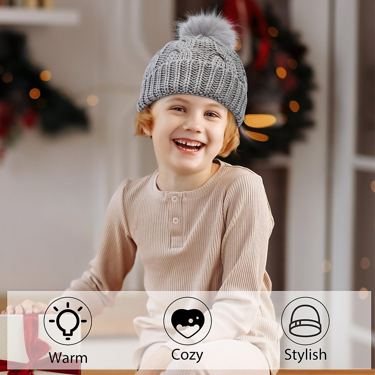 YSense 2 Pack Toddler Kids Winter Warm Fleece Lined Beanie Hats for Boys and Girls Crochet Hairball Knit Cap (3-6 Years)