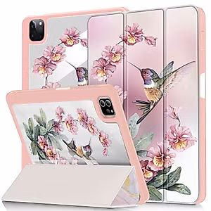 HONNKY for iPad Air 5th/ 4th Generation Case 10.9 Inch (2022/2020),iPad Pro 11 Inch Case with Pencil Holder, Auto Wake/Sleep, Trifold Stand Smart Case with Clear Transparent Back(Flower Hummingbird)