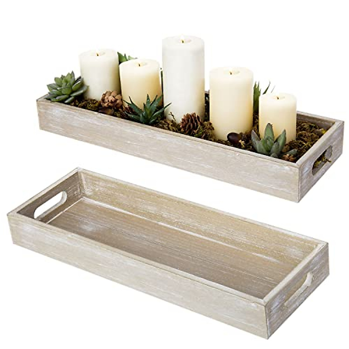 MyGift 16 x 6 Inch Rustic White Wood Decorative Serving Trays with Cutout Handles, Long Rectangular Ottoman Tray Centerpiece, Set of 2