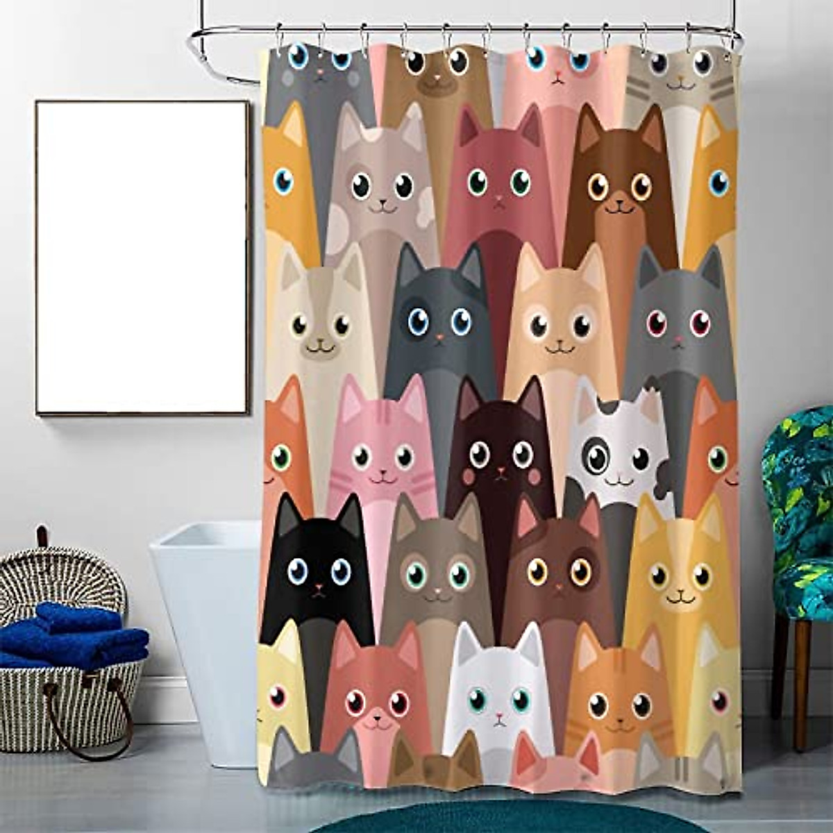 Zmcongz Cat 4 Pcs Shower Curtain Set Colorful Kitten Cartoon Kitty Funny Lovely Animal Bathroom Decor Bath Curtain with Rugs Toilet Lid Cover Bath Mat, 72x72 Inch