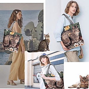 Cute Cat Canvas Tote Bag,Tabby Shoulder Bag with Zipper for Women Girls,Reusable Canvas Tote Bag for School Grocery Shopping