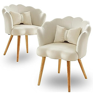 Shell Shaped Living Room Accent Chairs,Modern Velvet Bedroom Chair,Upholstered Armchair,Comfy Reading Chair for Adults,Teens,Bow Tie Pillow,Solid Wood Legs (Beige)