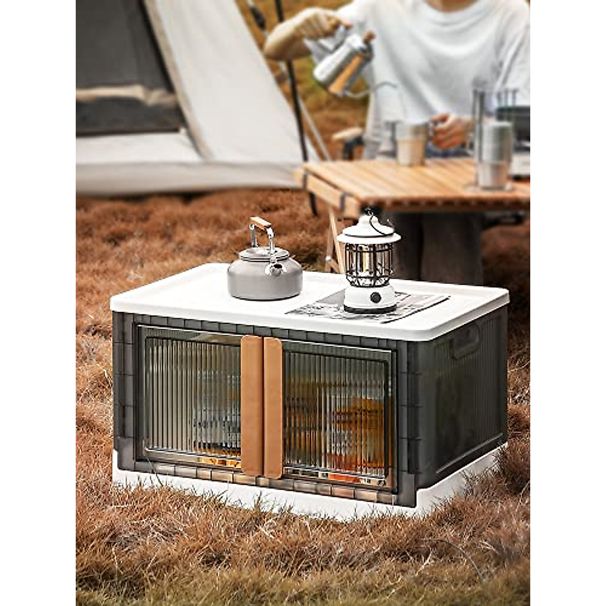 Golbsart Collapsible Storage Bins with Lids, 34 Qt (Pack of 2) Plasic Storage Boxes with Lids,Stackable Totes for Storage with Double Doors & Secure Buckle