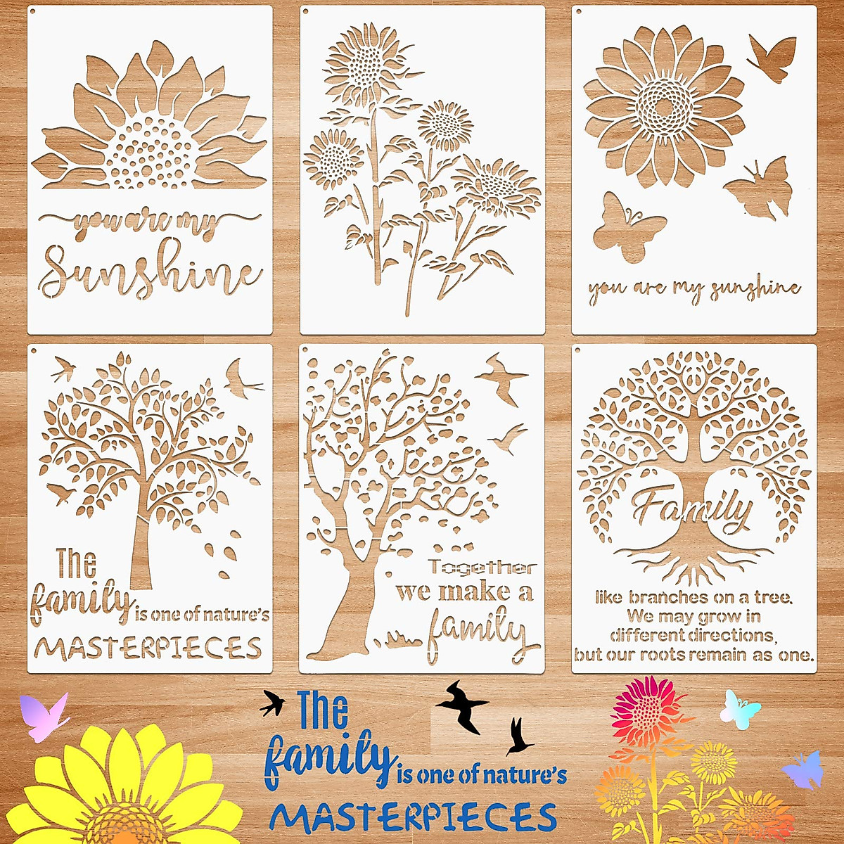 6 Pieces Sunflower Stencil Kit, Reusable Family Tree Stencil Flower Butterfly Painting Templates You are My Sunshine Stencil with Metal Open Ring for Painting on Wood Wall Decor