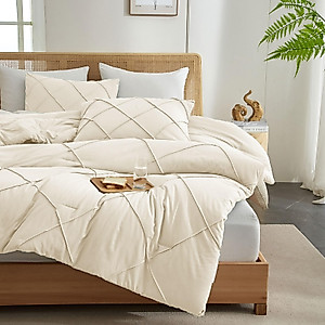 LifeTB Tufted Boho Comforter Set King Size Cream White Diamond Pattern Comforter Set Shabby Chic Bedding Jacquard Comforter Set Geometric Farmhouse Ivory Comforter with 2 Pillowcases All Season