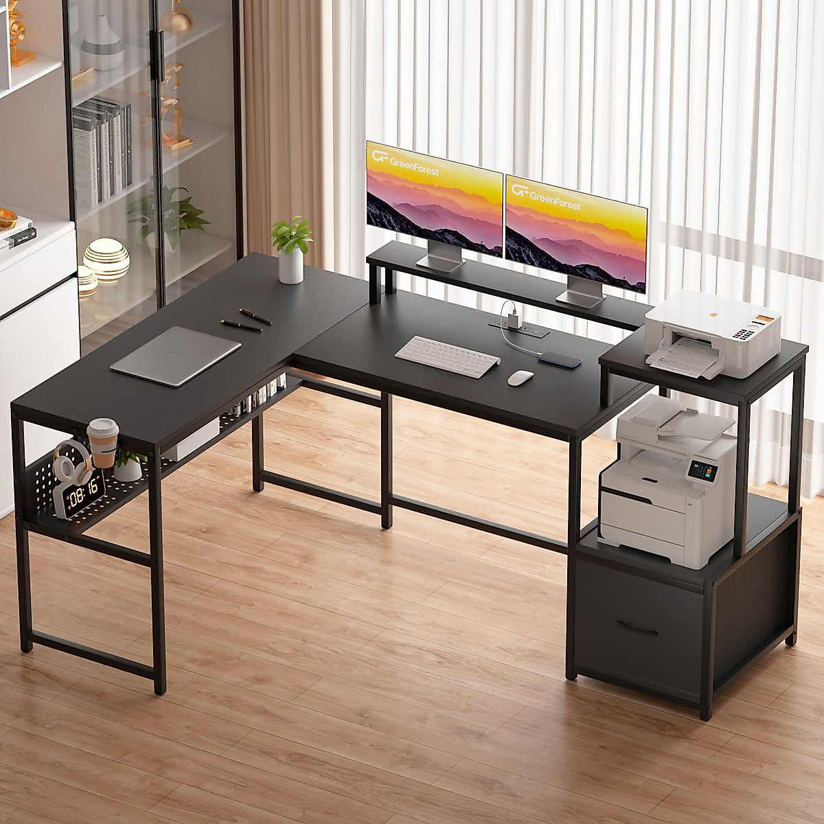 GreenForest 69 inch L Shaped Computer Desk, Corner Desk with Drawers and Power Outlet, Home Office Desk, Gaming Table with Storage and Long Monitor Shelf, Black