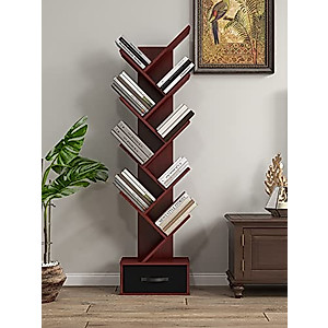 Panana Tree Bookshelf with Drawer, 8-Tier Wooden Storage Rack Wisdom Tree Book Holder Bookshelves Organizer for Living Room, Bedroom, Home Office (Cherry)