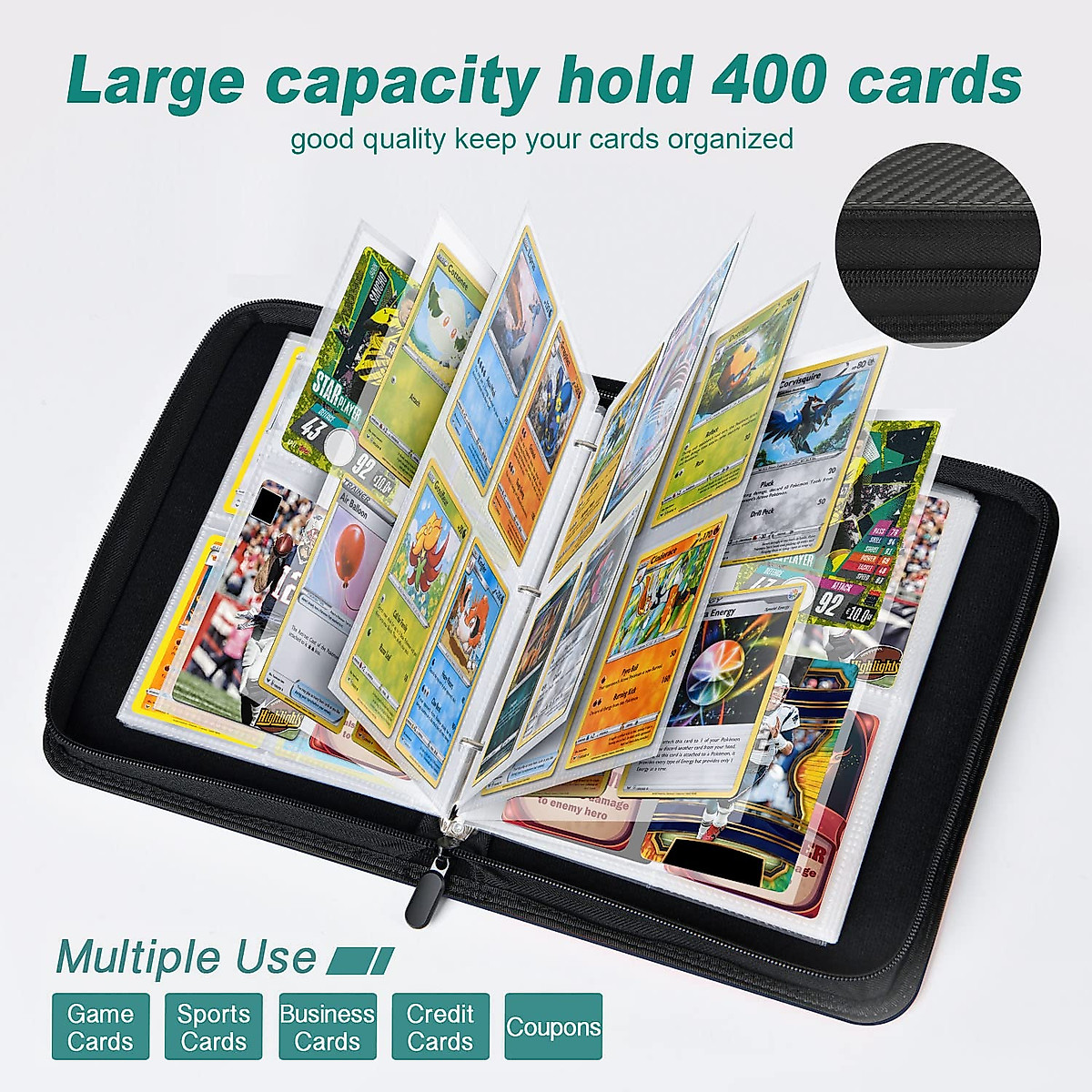 400 Pockets PACKAPRO Trading Cards Binder -Zipper Sports Cards Collector with Removable Sleeves - Card Binders Album Folder Holder for TCG Yugioh Cards Binder Boys Girls Gifts - Metal Grey